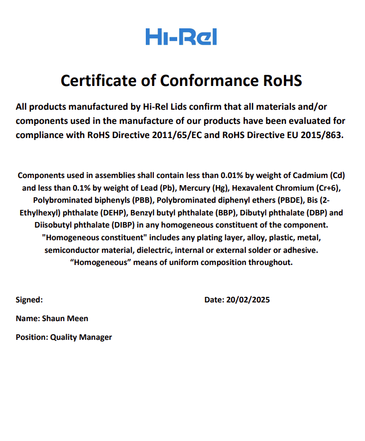 Hi-Rel Lids Certifications