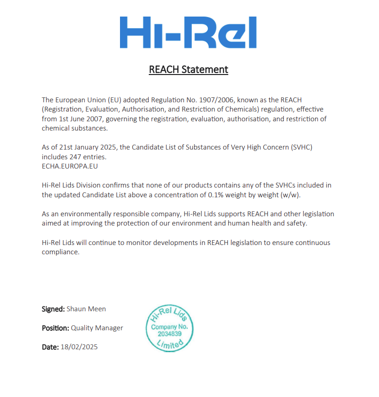 Hi-Rel Lids Certifications