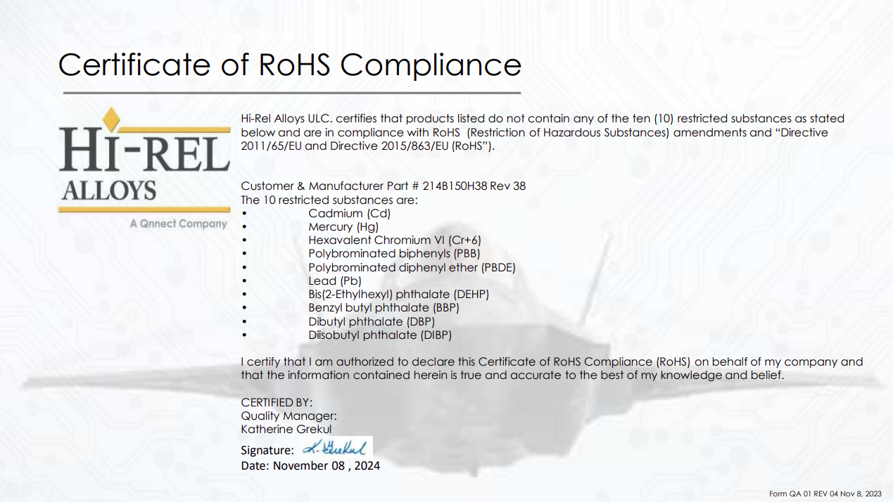 Hi-Rel Alloys Certifications